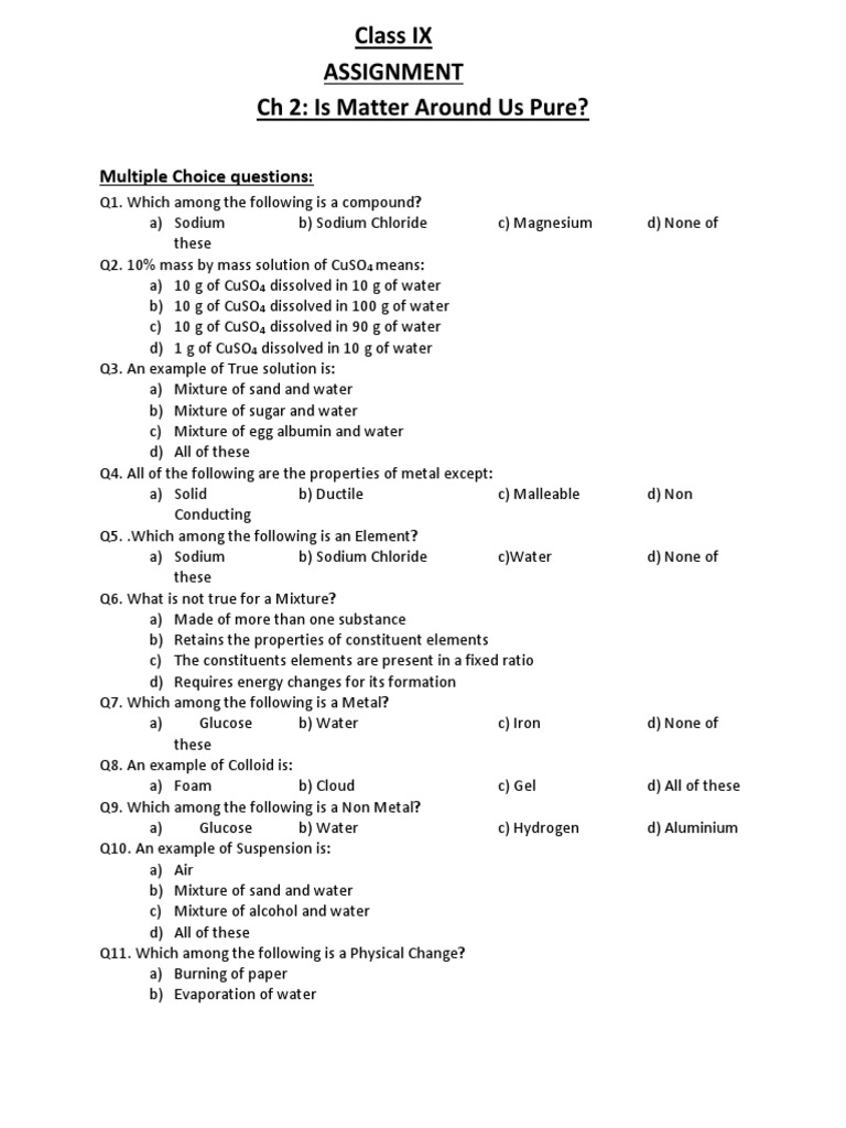 1assignment 27-37-2018chem. Class - IX (Ch2) | PDF
