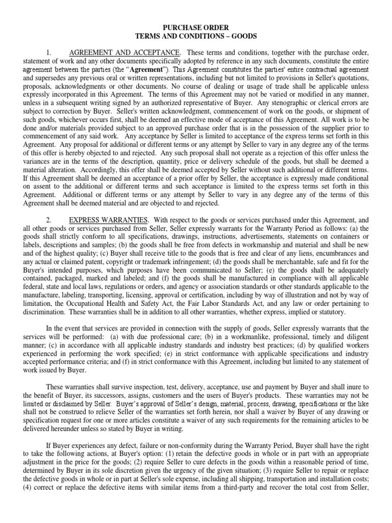 Purchase Order Terms and Conditions - Goods - 130614 | PDF | Indemnity ...