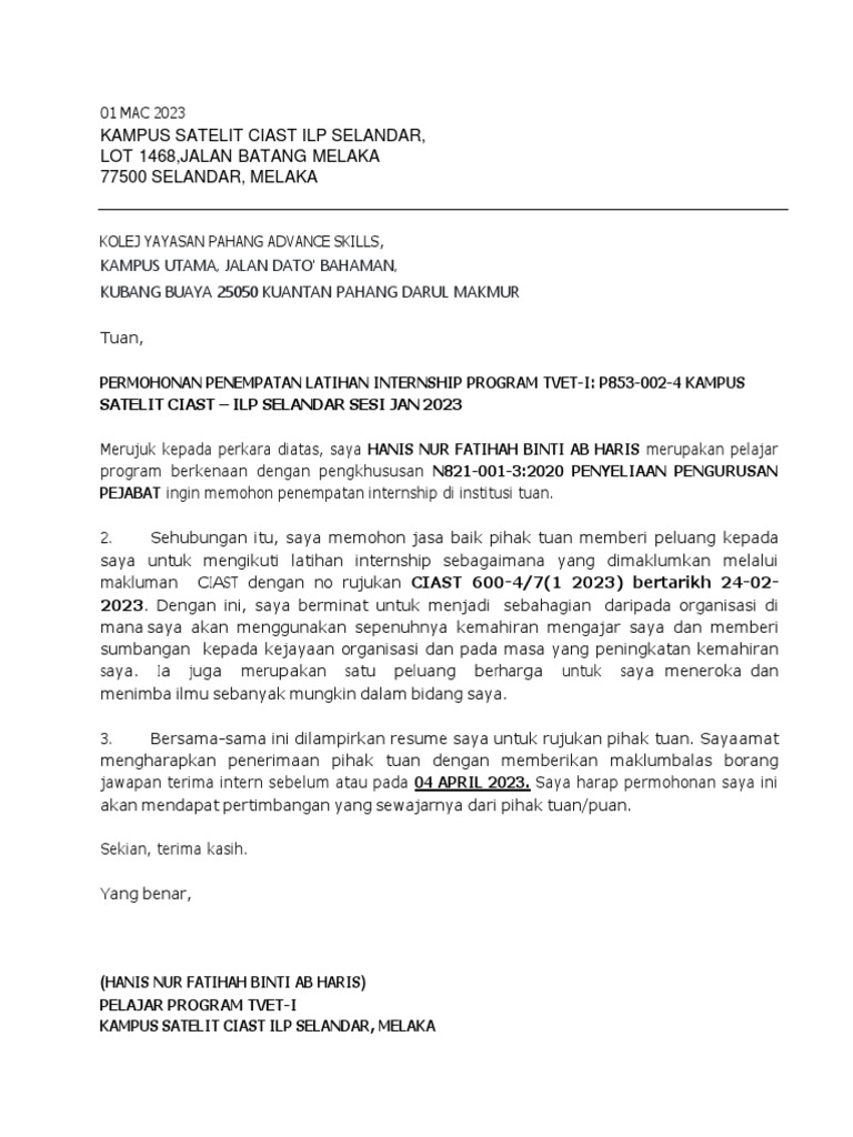 Surat Permohonan Pelajar | PDF