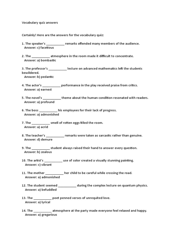 Vocabulary Quiz Answers | PDF