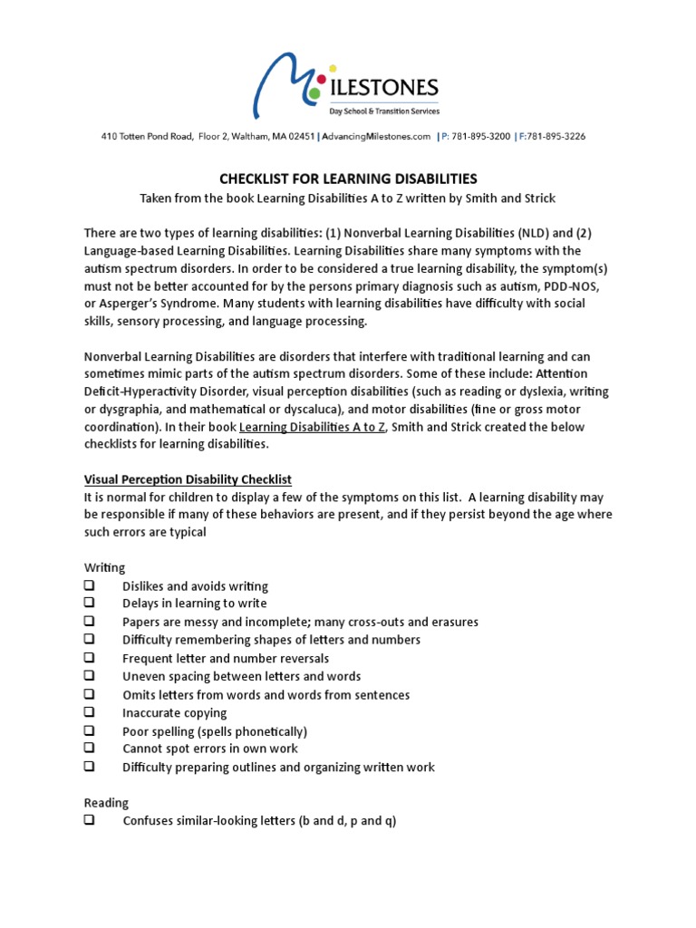 Learning Disabilities Checklist | PDF