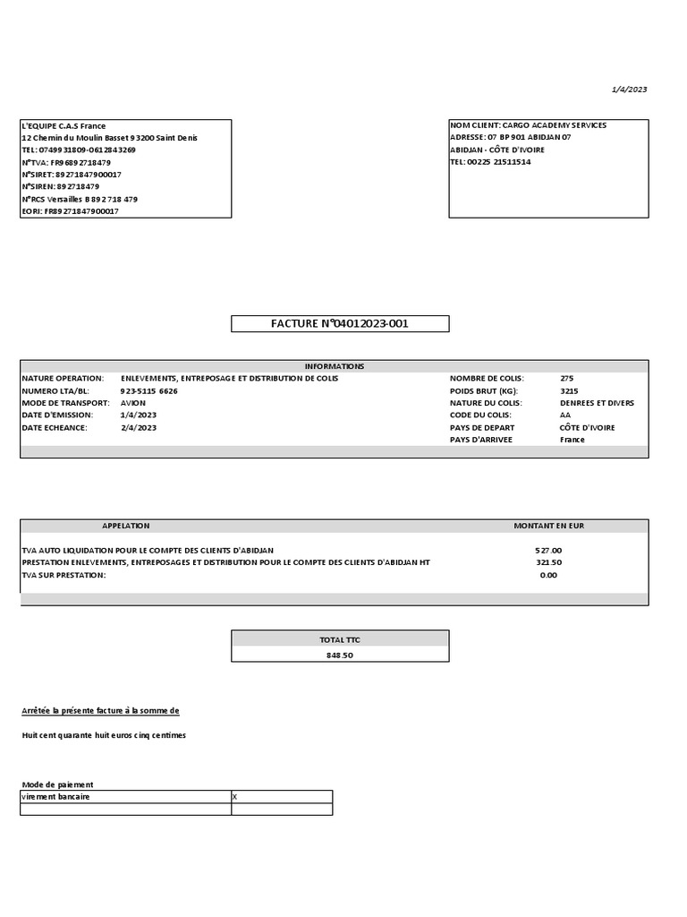 Specimen Facture Equipe Cas France A Abidjan | PDF | Taxe sur la valeur ...