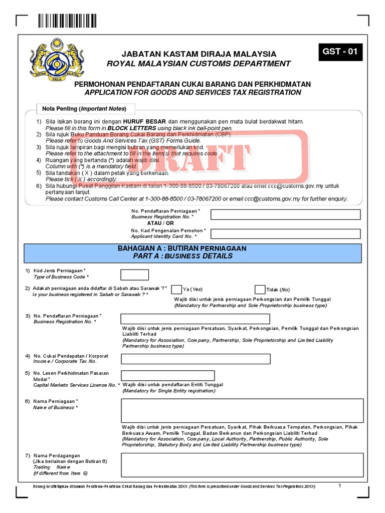 Dokumen - Tips Permohonan Pendaftaran Cukai Barang Dan GST 01 Application For GST 1 Sila | PDF