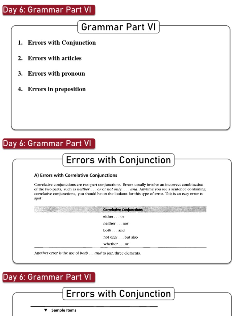 Grammar Errors: Conjunctions, Articles, Pronouns, Prepositions | PDF