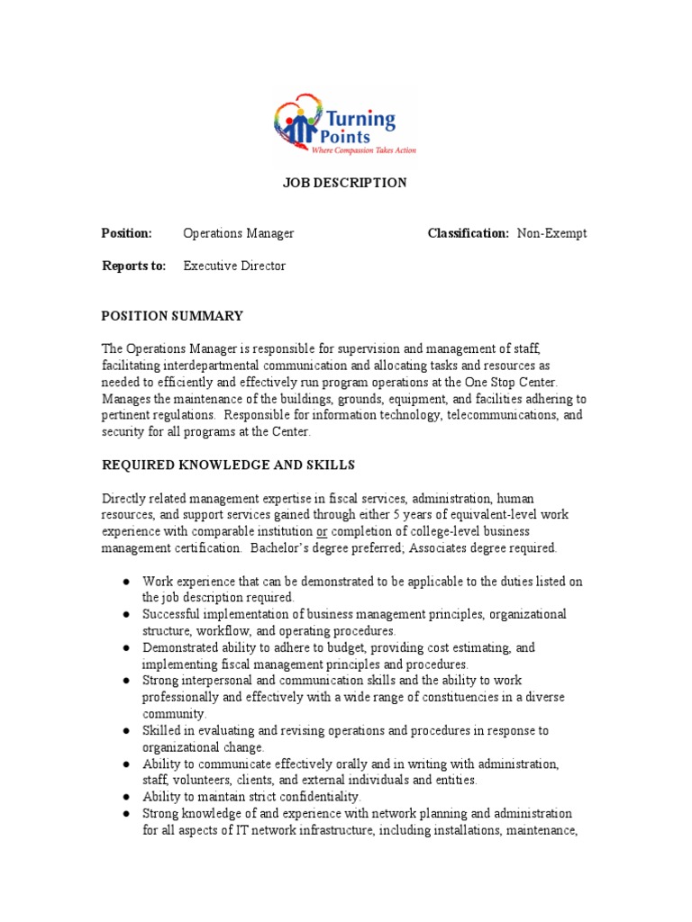 Job Description Operations Manager | PDF Job Description Operations Manager | PDF