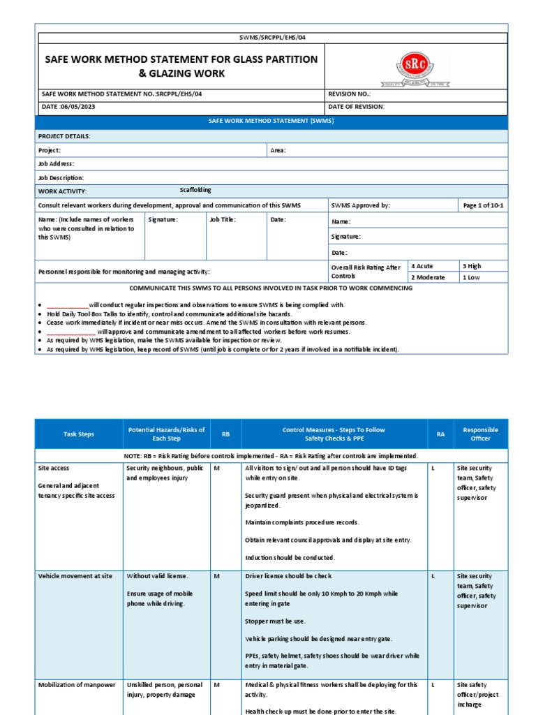 Glass Partition SWMS | PDF
