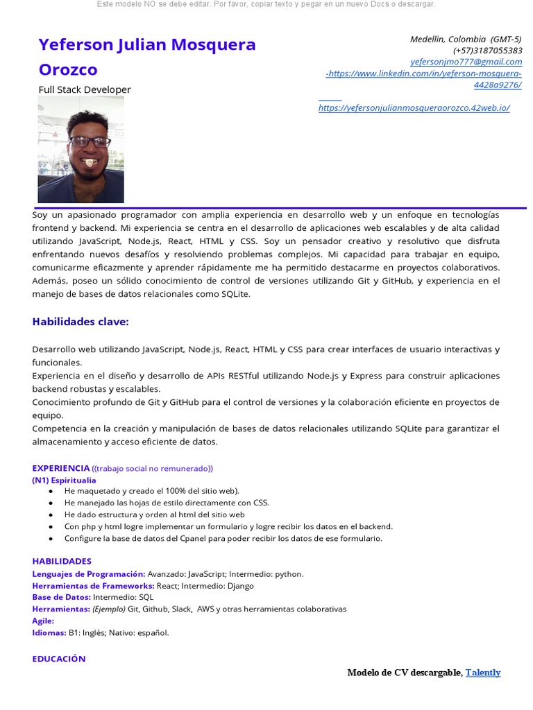 CV - FullStack - YefersonHagaloConFeCV | PDF | Script Java | Bases de datos