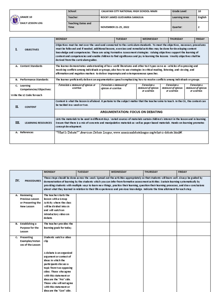 English DLL 2ND Quarter Week 3 Argumentation Focusing Pon Debate | PDF ...