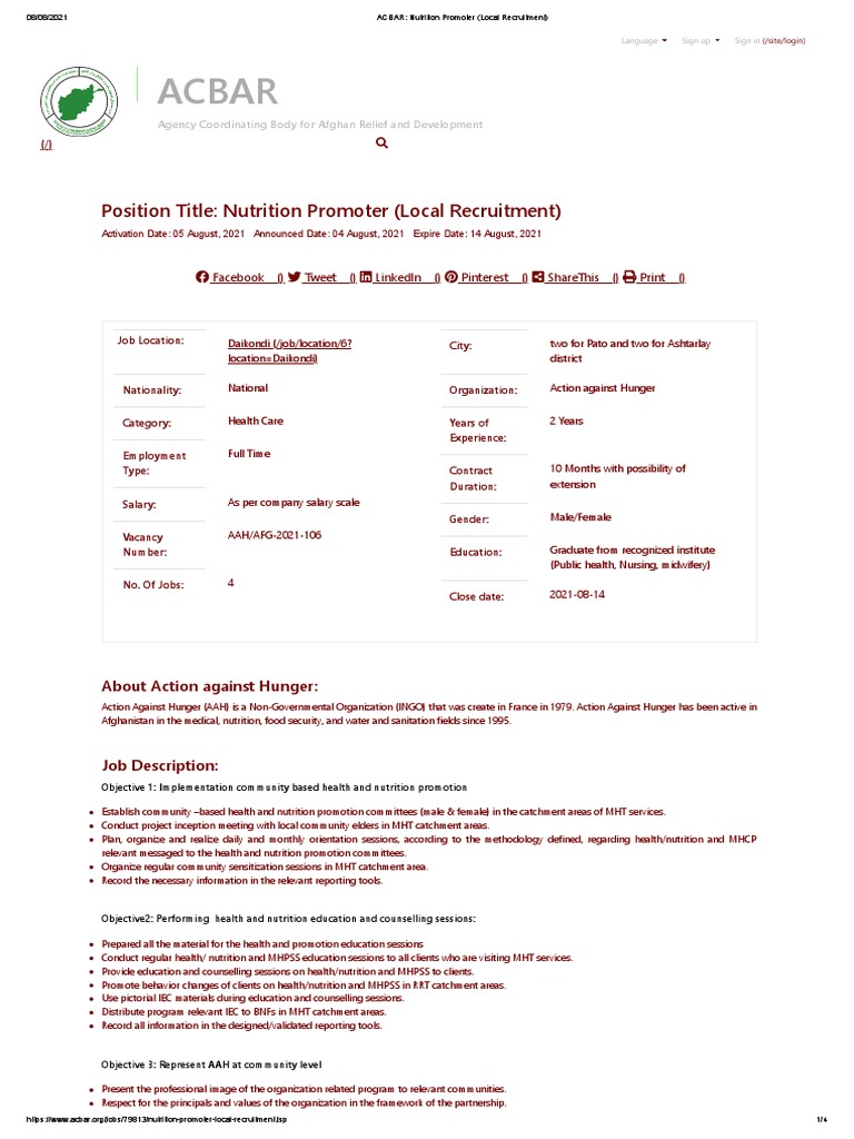 ACBAR - Nutrition Promoter (Local Recruitment) | PDF | Recruitment ...