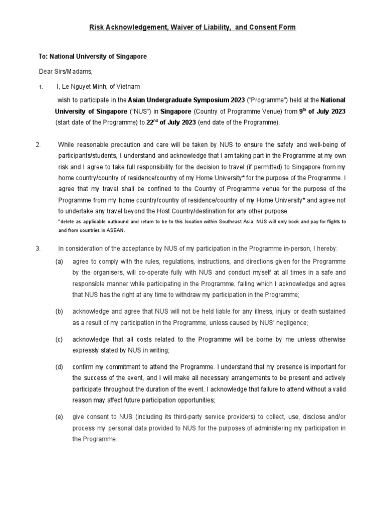 AUS 2023 - Risk Acknowledgement Waiver of Liability Consent Form ...