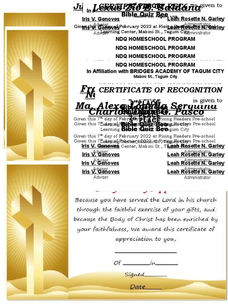 Bible Quiz Certificate Grade 1 | PDF