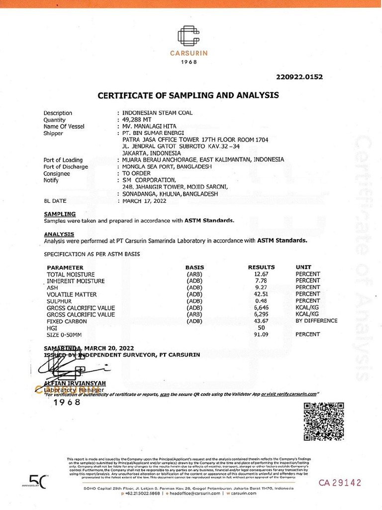 COA & BL GAR 63 Kaltim MV Manalagi Hita | PDF
