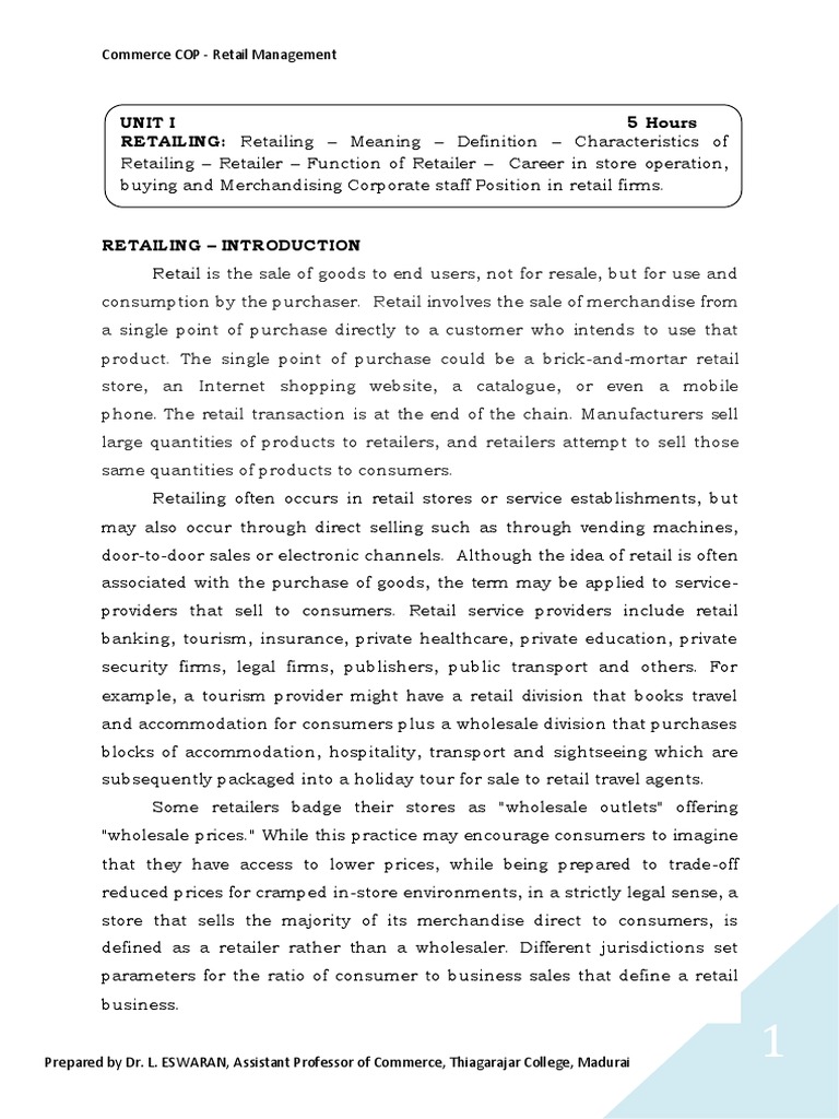 Retail Management Unit 1 Study Material | PDF | Retail | Product (Business) Retail Management Unit 1 Study Material | PDF | Retail | Product (Business)