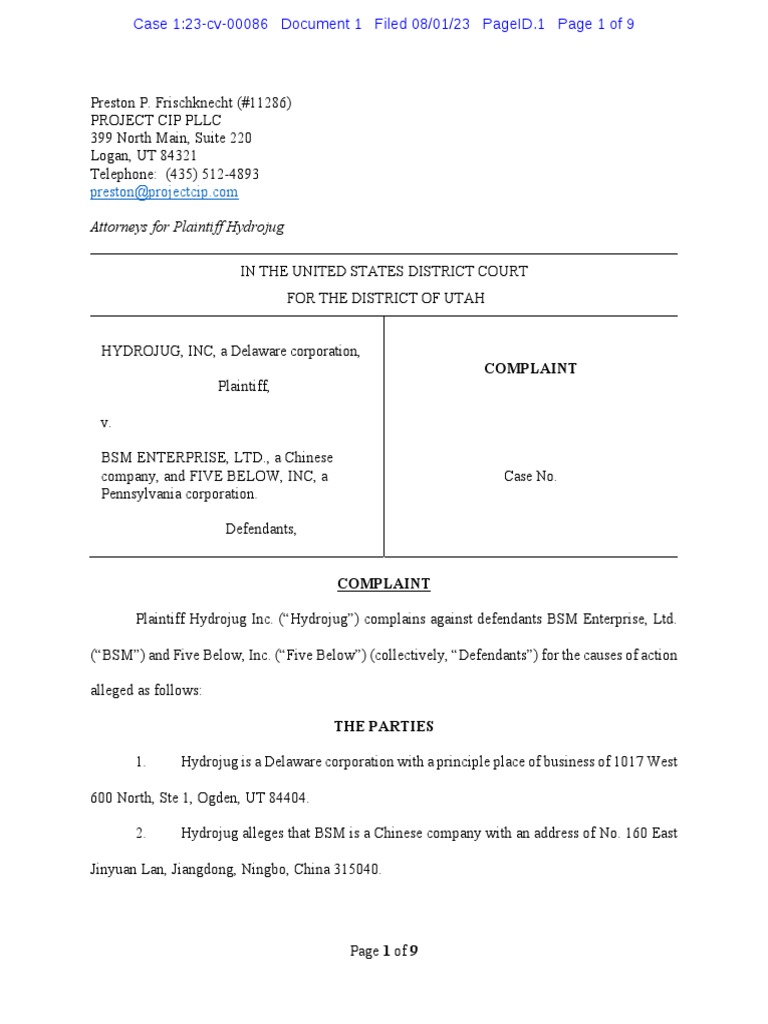 Hydrojug v. BSM - Complaint | PDF