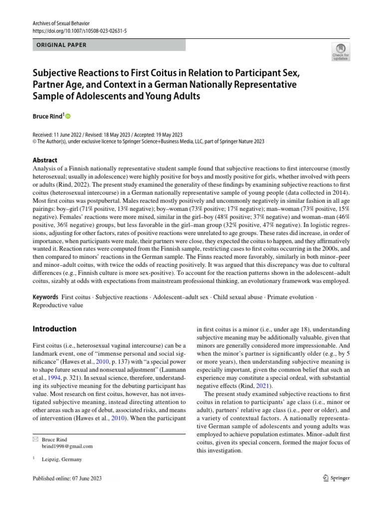 Subjective Reactions To First Coitus In Relation To Participant Sex Bruce Rind Pdf Sexual