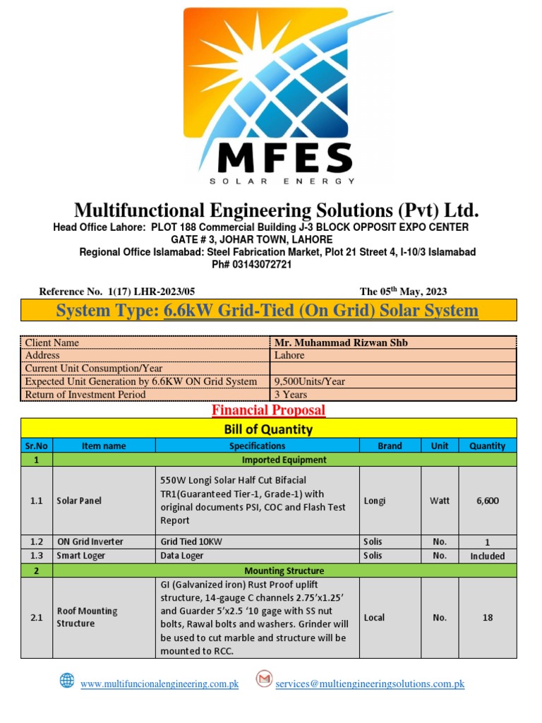 6.6kW On-Grid Solar System Proposal | PDF