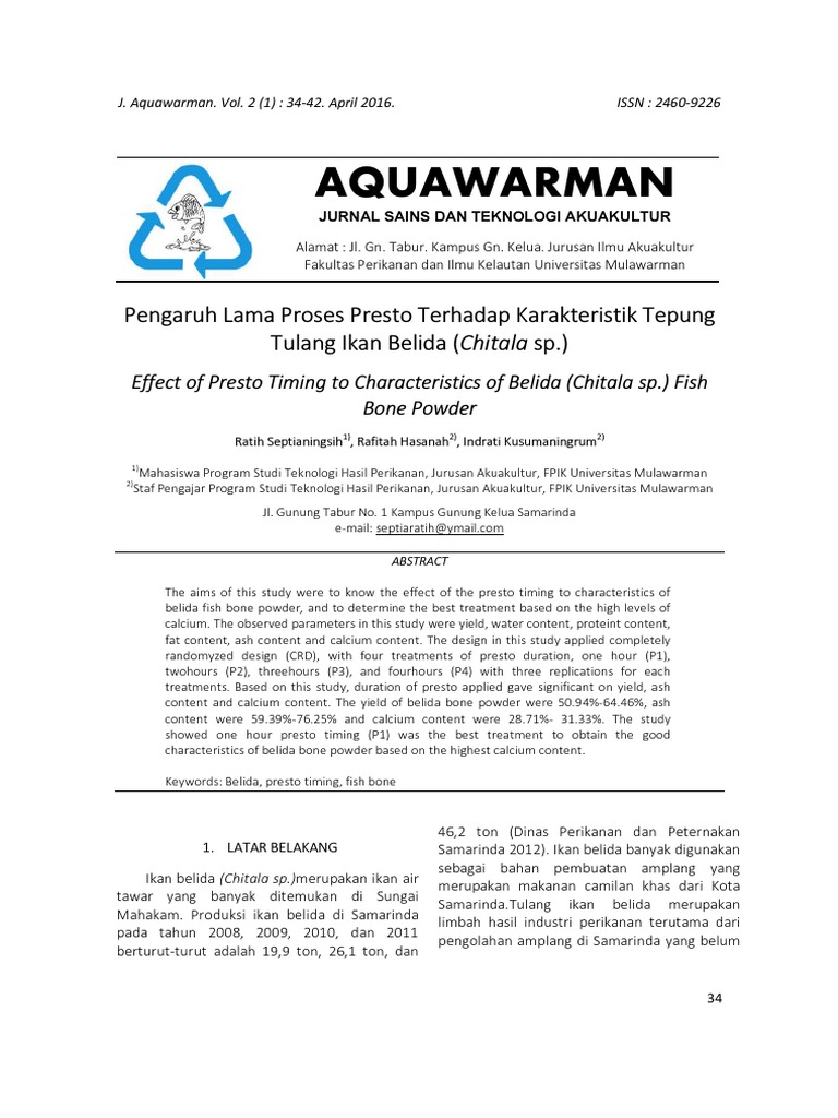Pengaruh Lama Proses Presto Terhadap Karakteristik Tepung Tulang Ikan Belida (Chitala SP.) | PDF ...