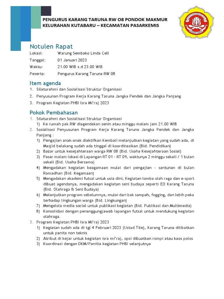 Notulen Rapat Karang Taruna 01012023 | PDF