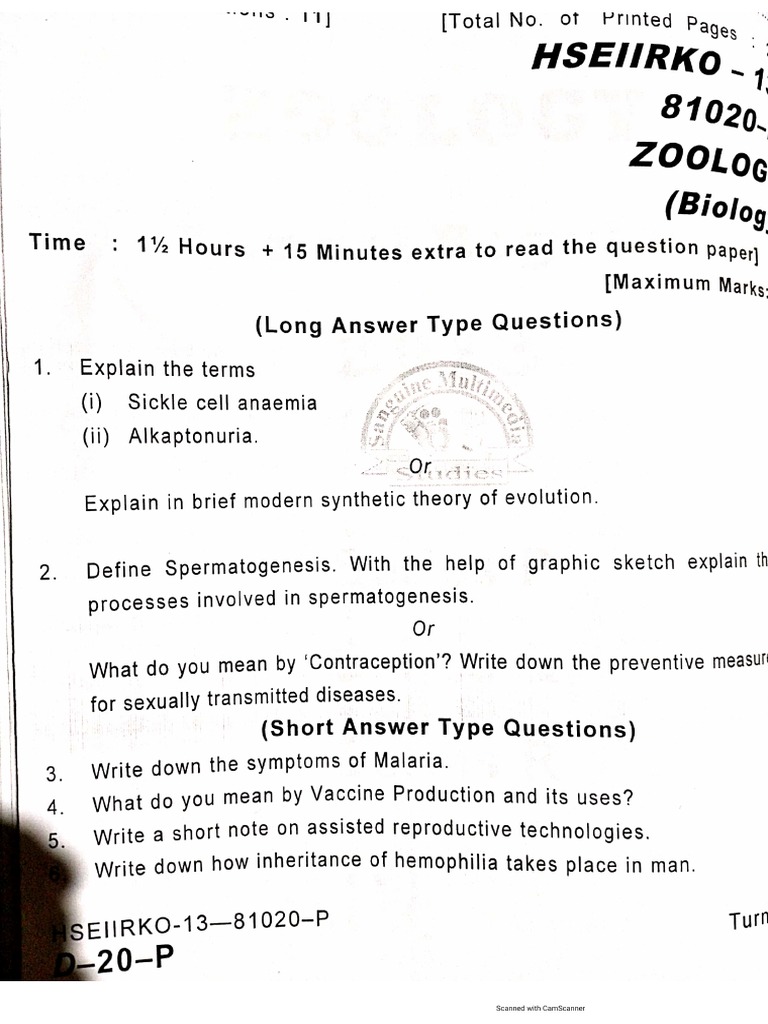 Zoology Last 10 Year Question Paper | PDF
