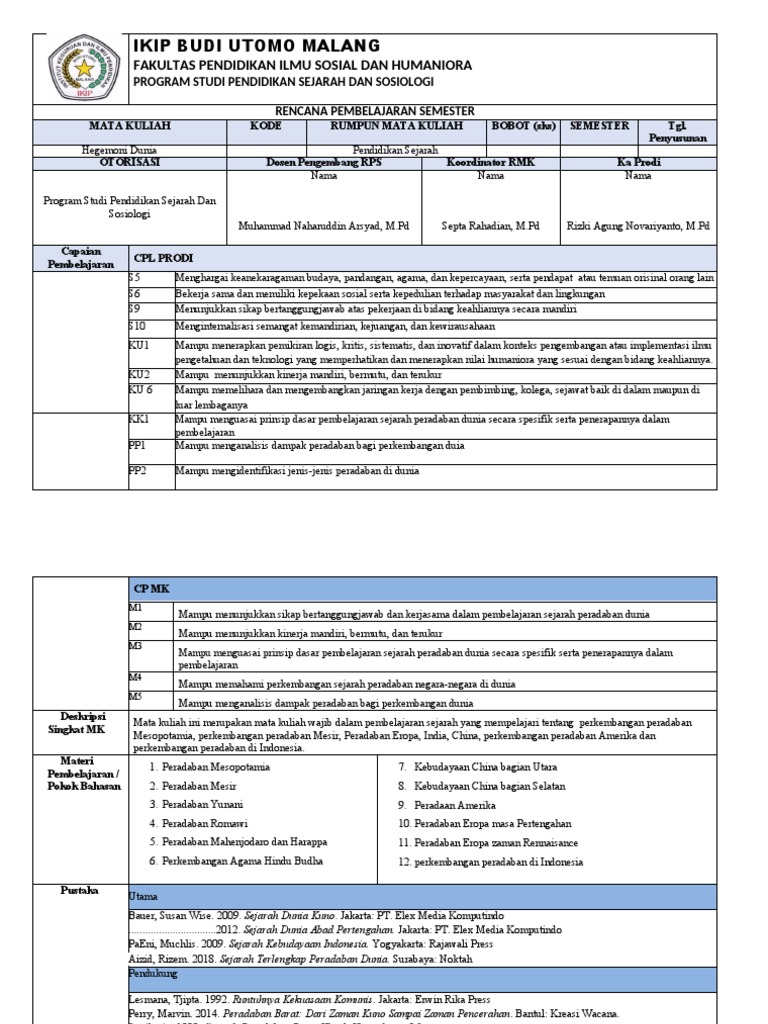 RPS Hegemoni Dunia - IKIP BUDI UTOMO MALANG | PDF | Ilmu Sosial | Seni & Disiplin Bahasa