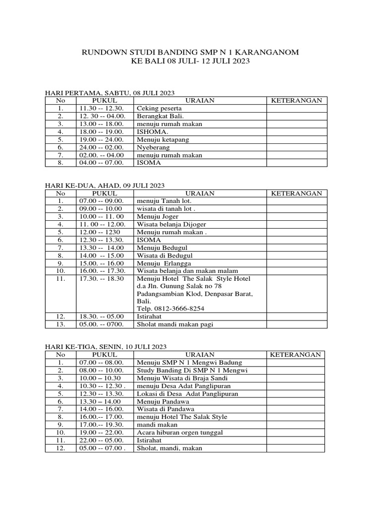 Rundown Studi Banding SMP N 1 Ke - Bali - 23 - 24 | PDF | Griya & Taman