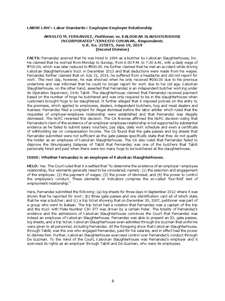 labor - fernandez vs caloocan slaughterhouse | PDF
