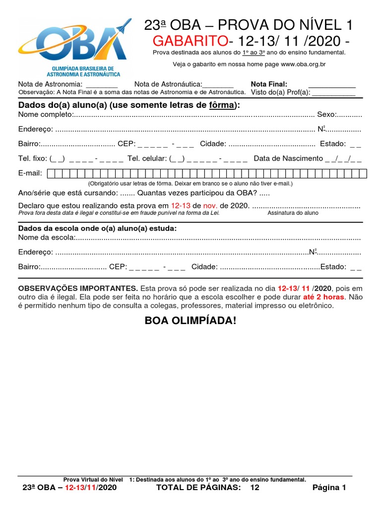 Gabarito OBA 2020 Nivel 1 | PDF | Planetas | Marte