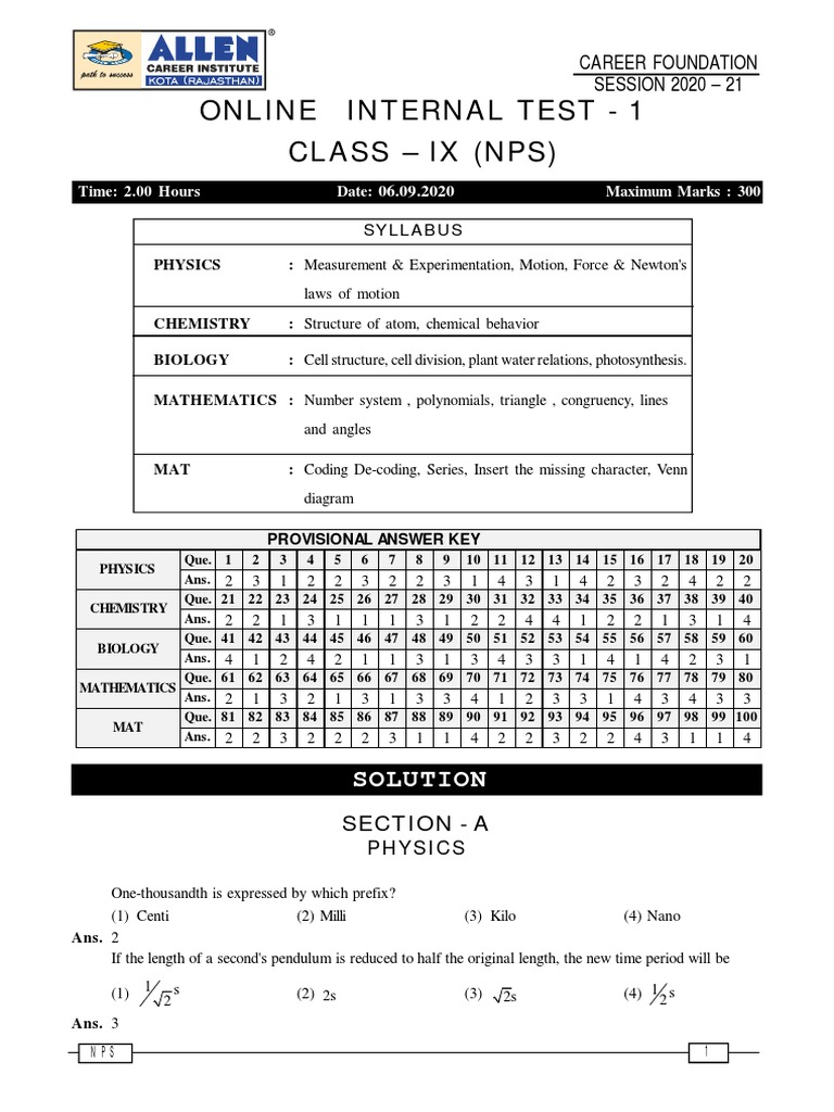 Class 9 Internal Test Solutions | PDF