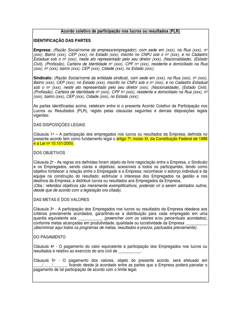 Modelo 01 Acordo Coletivo de Participacao Nos Lucros Ou Resultados PLR ...