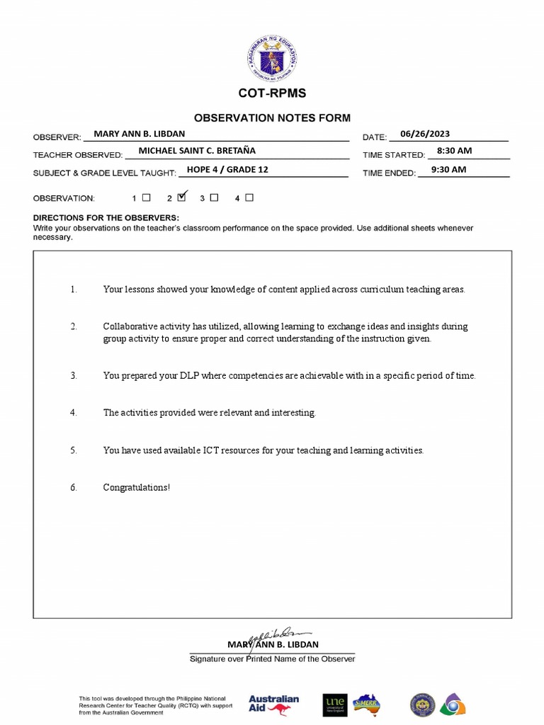 Cot - Rpms Observation Notes Form 2023 | PDF