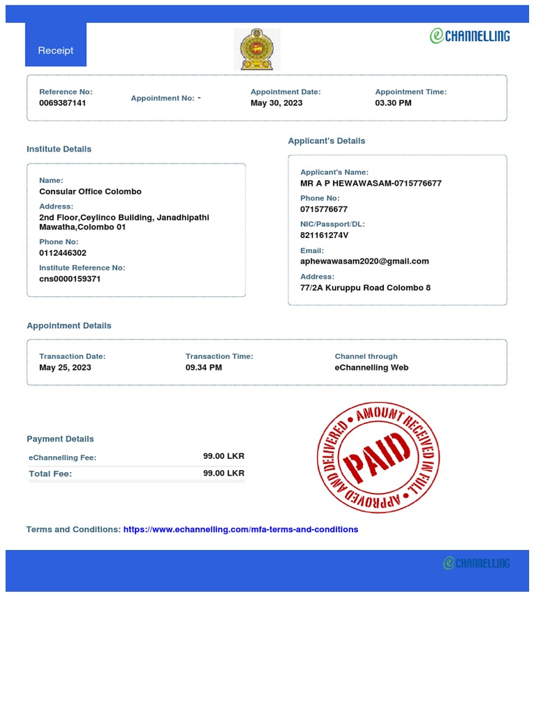 Consular Appointment Receipt Colombo | PDF