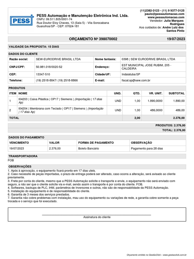 Orcamento 398070002 SEW EURODRIVE BRASIL LTDA | PDF