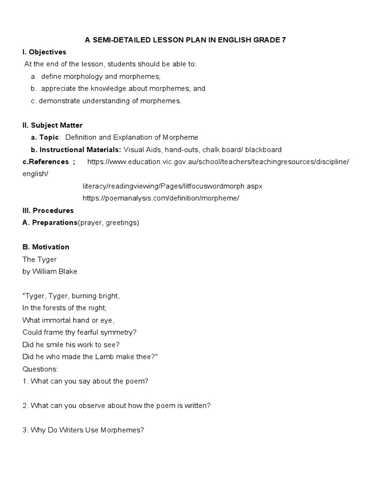 A Semi-Detailed Lesson Plan in English Grade 7 | PDF
