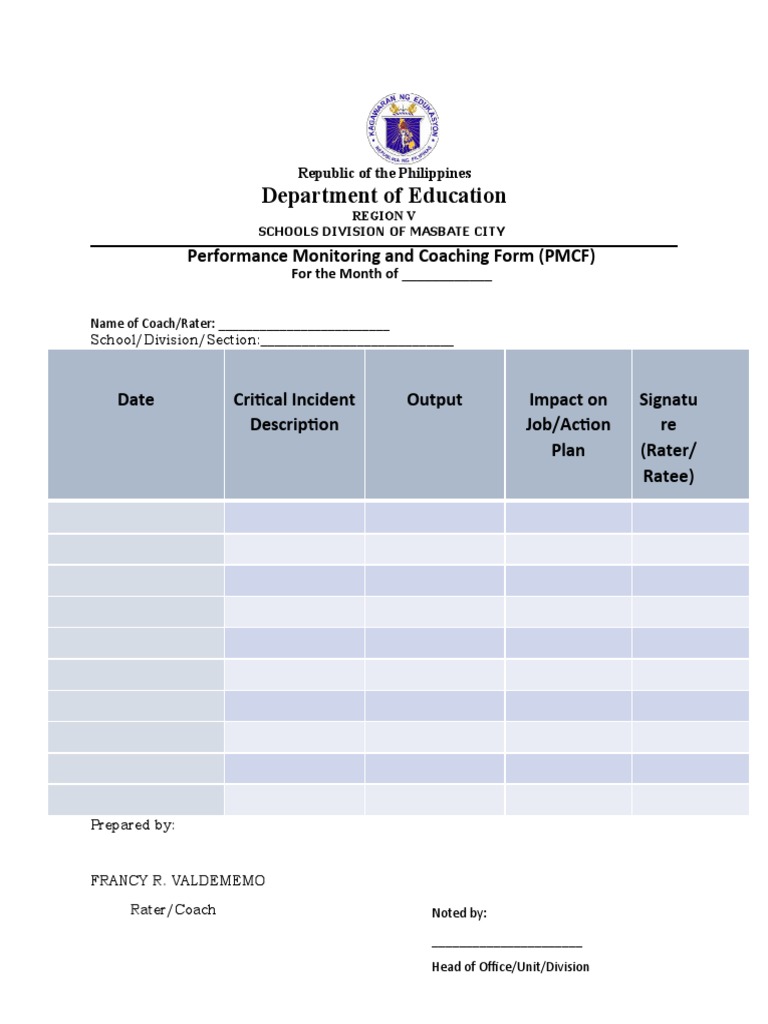 Performance Monitoring and Coaching Form (PMCF) Blank Form | PDF