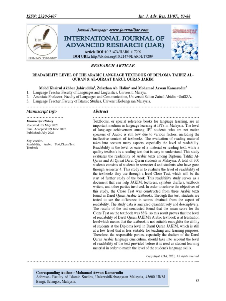 Readability Level of The Arabic Language Textbook of Diploma Tahfiz Al ... Readability Level of The Arabic Language Textbook of Diploma Tahfiz Al ...