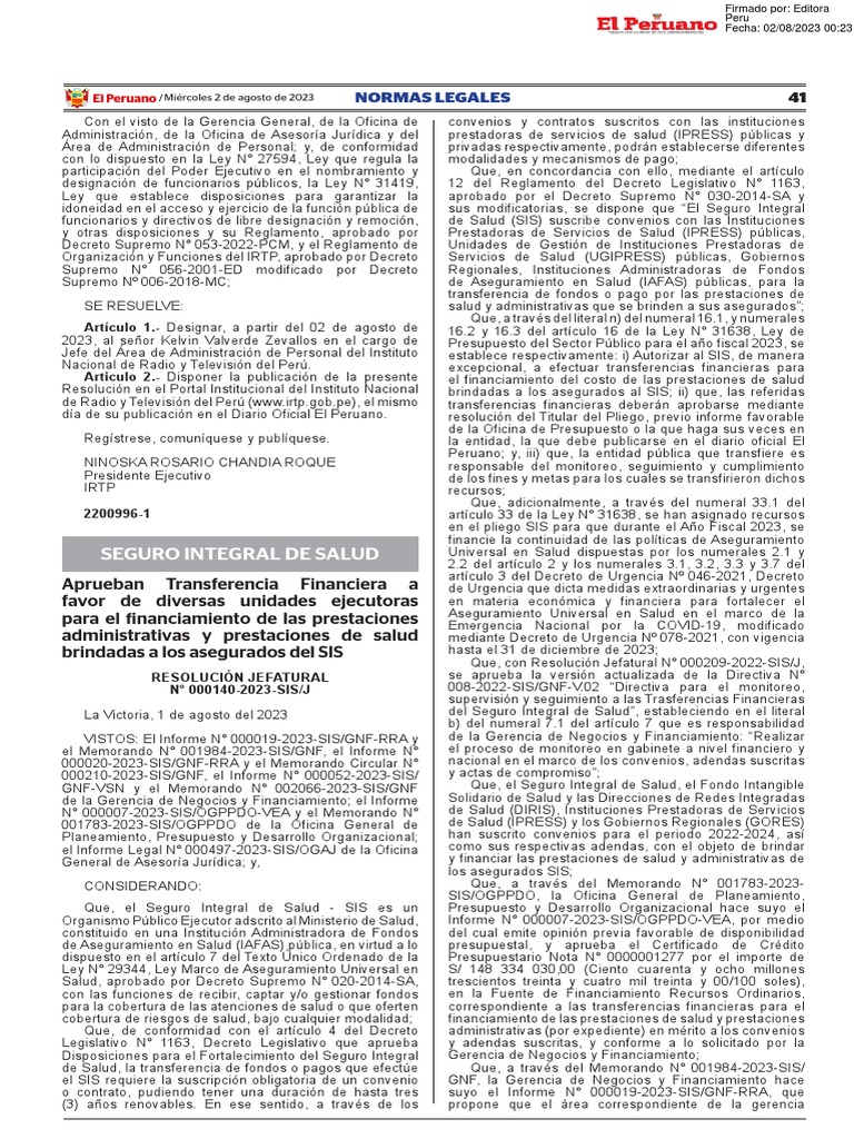 Aprueban Transferencia Financiera A Favor de Diversas Unidad Resolucion ...