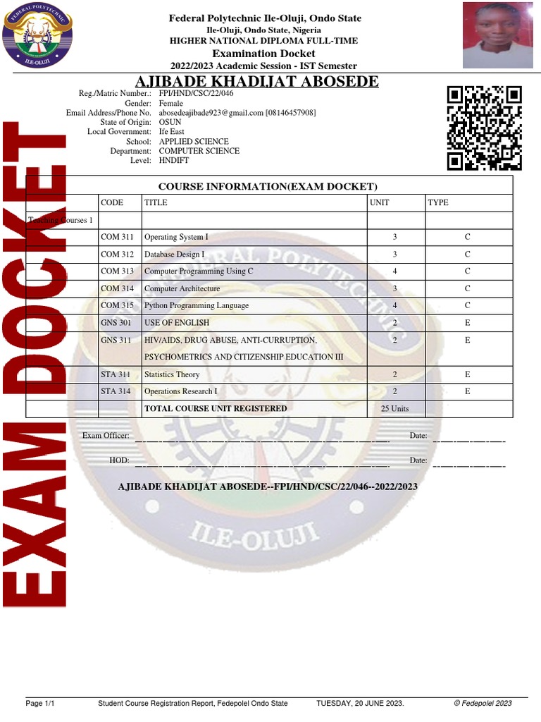 Ajibade Khadijat Abosede Examdocket | PDF