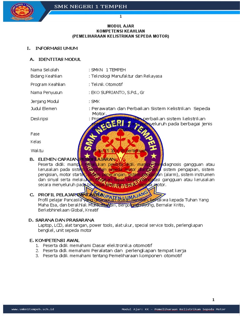 Modul Ajar Perawatan Dan Perbaikan Sistem Kelistrikan Sepeda Motor | PDF Modul Ajar Perawatan Dan Perbaikan Sistem Kelistrikan Sepeda Motor | PDF