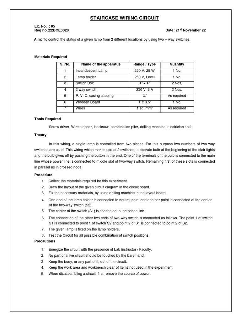Staircase Wiring Circuit | PDF | Switch | Fuse (Electrical)