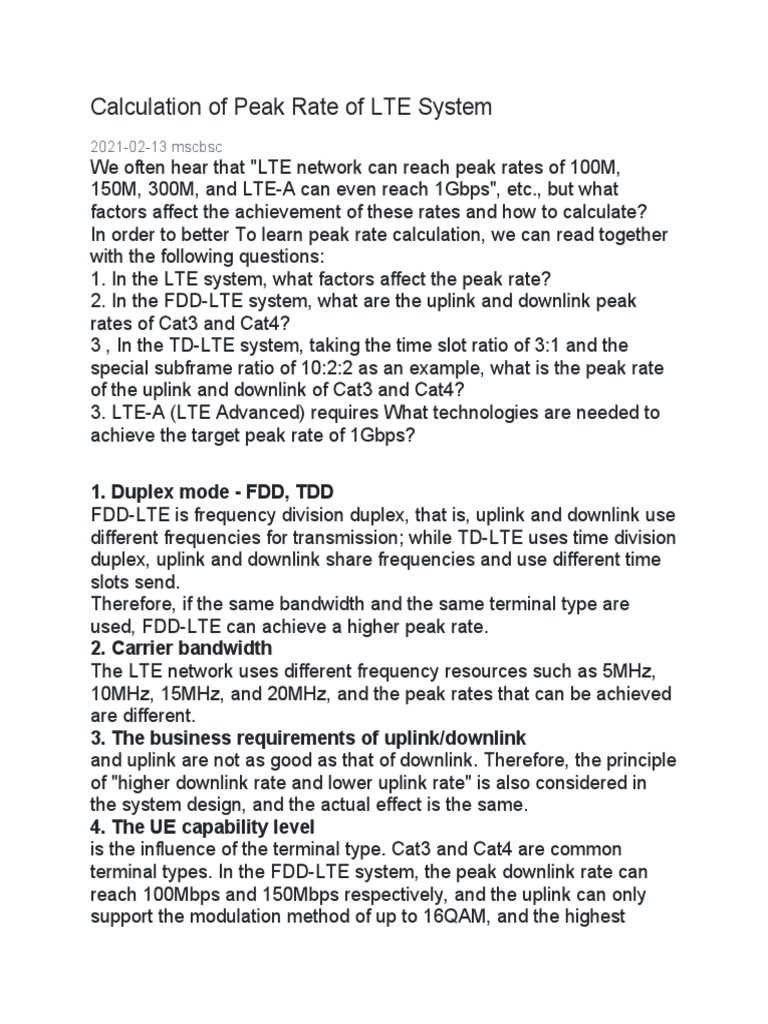 Calculation Of Peak Rate Of Lte System Pdf Duplex