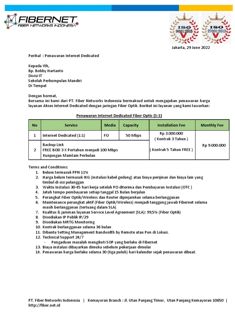 Penawaran Internet Dedicated Fibernet | PDF