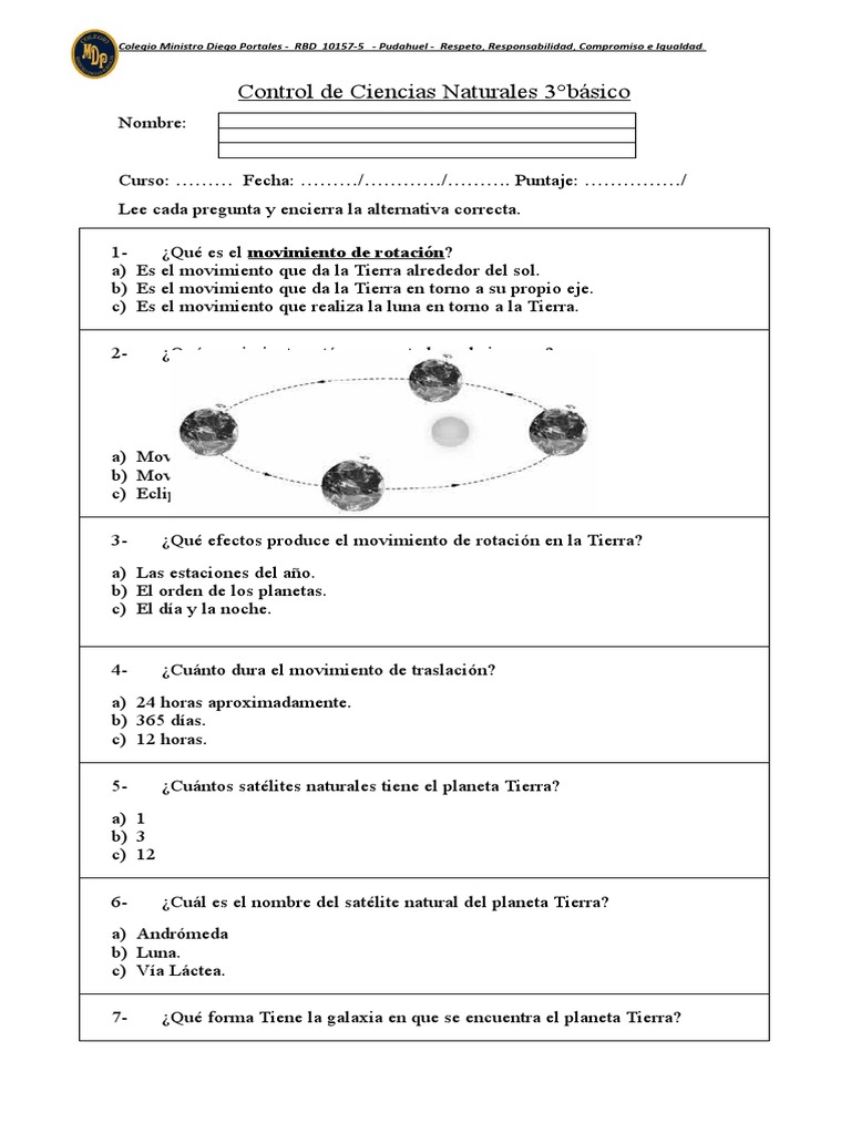 Prueba de Ciencias Naturales 3 Movimientos de La Tierra | PDF