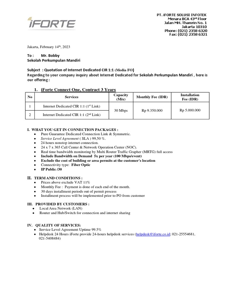 Quotation Internet Dedicated iForte - Sekolah Perkumpulan Mandiri.doc | PDF