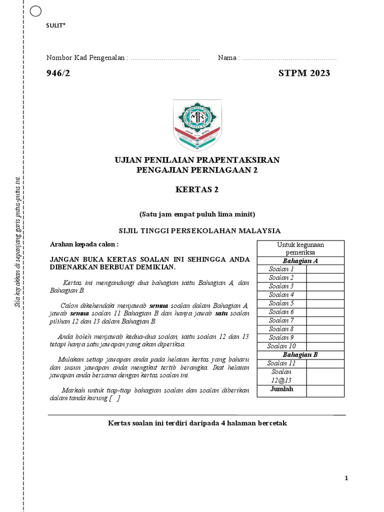 Soalan Percubaan PP Sem 2 2023 | PDF