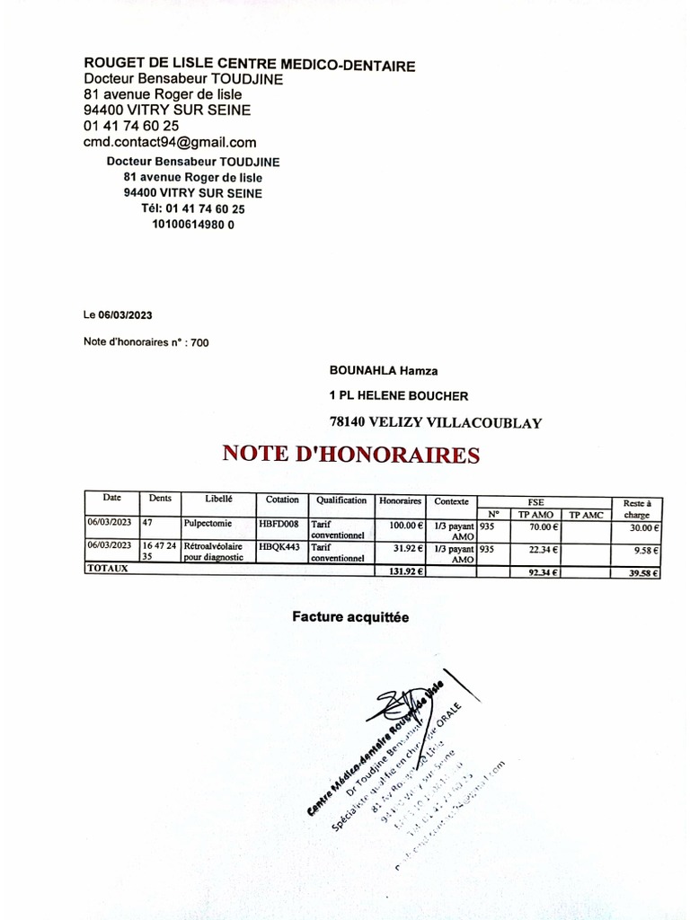 Facture Honoraires Dentiste | PDF