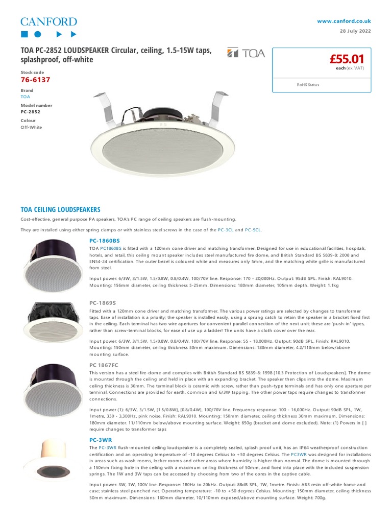 TOA PC-2852 LOUDSPEAKER Circular, Ceiling, 1.5-15W Taps, Splashproof ...