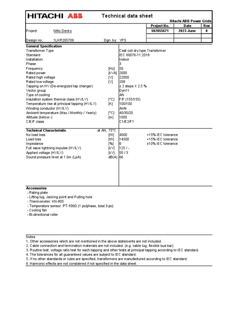 Hitachi 2000kVA Datasheet | PDF | Transformer | Electronics
