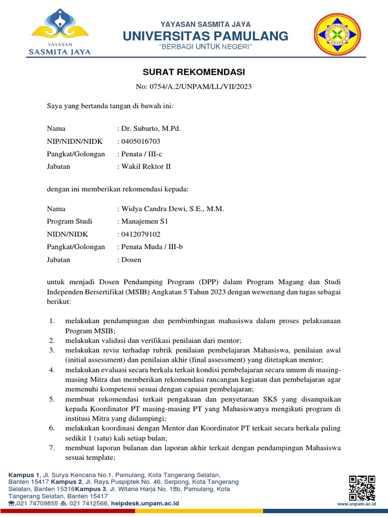 Surat Rekomendasi Pimpinan PT Untuk DPP MSIB 5 Wichan | PDF
