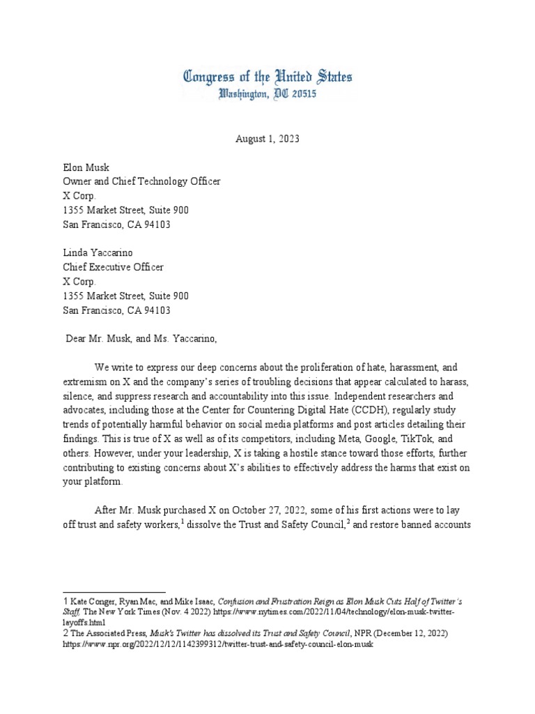 Letter To X Regarding CCDH and Researcher Access | PDF