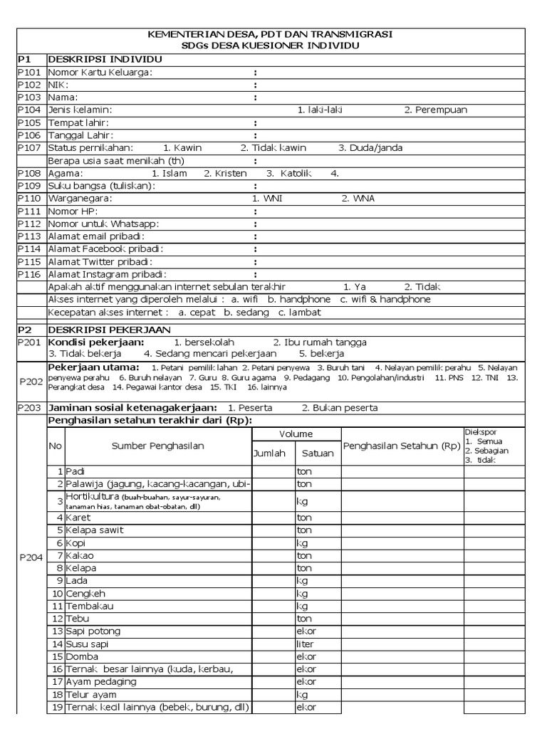 Form Quisioner Pendataan SDGs Terbaru - Individu | PDF